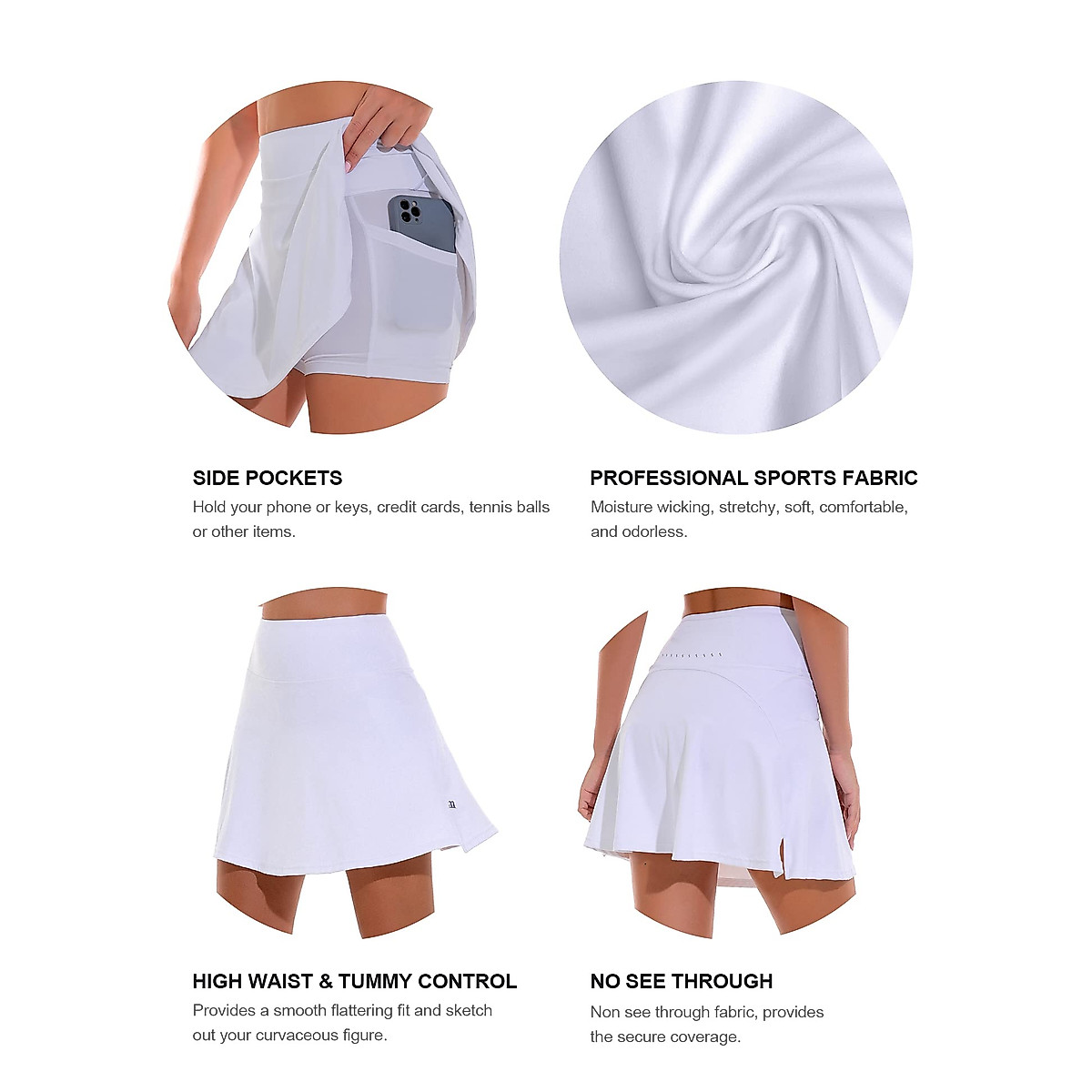 1a1a Tennis Skirts with Pockets Athletic Shorts for Women Golf Running Workout Sports White X-Large