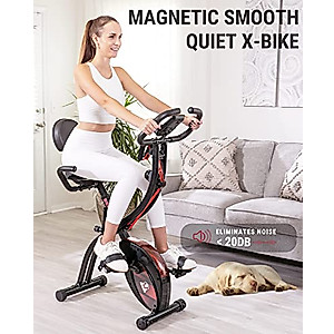 HAPBEAR Folding Exercise Bike Magnetic Foldable Stationary Bike, 3 in 1 Mode Indoor Upright Fitness Workout X-Bike with 8-Level Resistance and Arm Resistance Band, Pulse Sensor,LCD Monitor