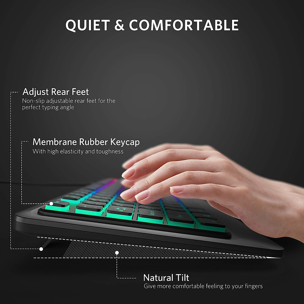 Fiodio Rainbow Membrane Gaming Keyboard, Quiet Wired Computer Keyboard, 104 Silent & 26 Anti-Ghosting Keys, Spill Resistant, Multimedia Control for PC and Desktop