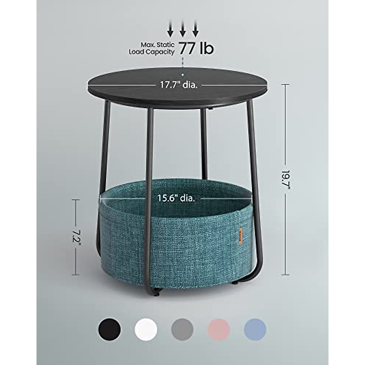 VASAGLE Small Round Side End Table, Modern Nightstand with Fabric Basket, Classic Black, Dark Turquoise
