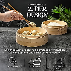 SILLION 2-Tier 10 Inch Bamboo Steamer Basket With Stainless Steel Ring Adapter, 2x Set of Chopsticks, 2x Reusable Silicone Liners | Bamboo Steamer For Cooking Ideal For Dumplings, Rice, Fish or Vegetables