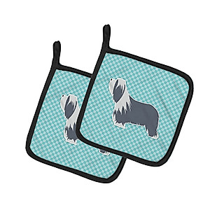 Caroline's Treasures BB3717PTHD Bearded Collie Checkerboard Blue Pair of Pot Holders Kitchen Heat Resistant Pot Holders Sets Oven Hot Pads for Cooking Baking BBQ, 7 1/2 x 7 1/2