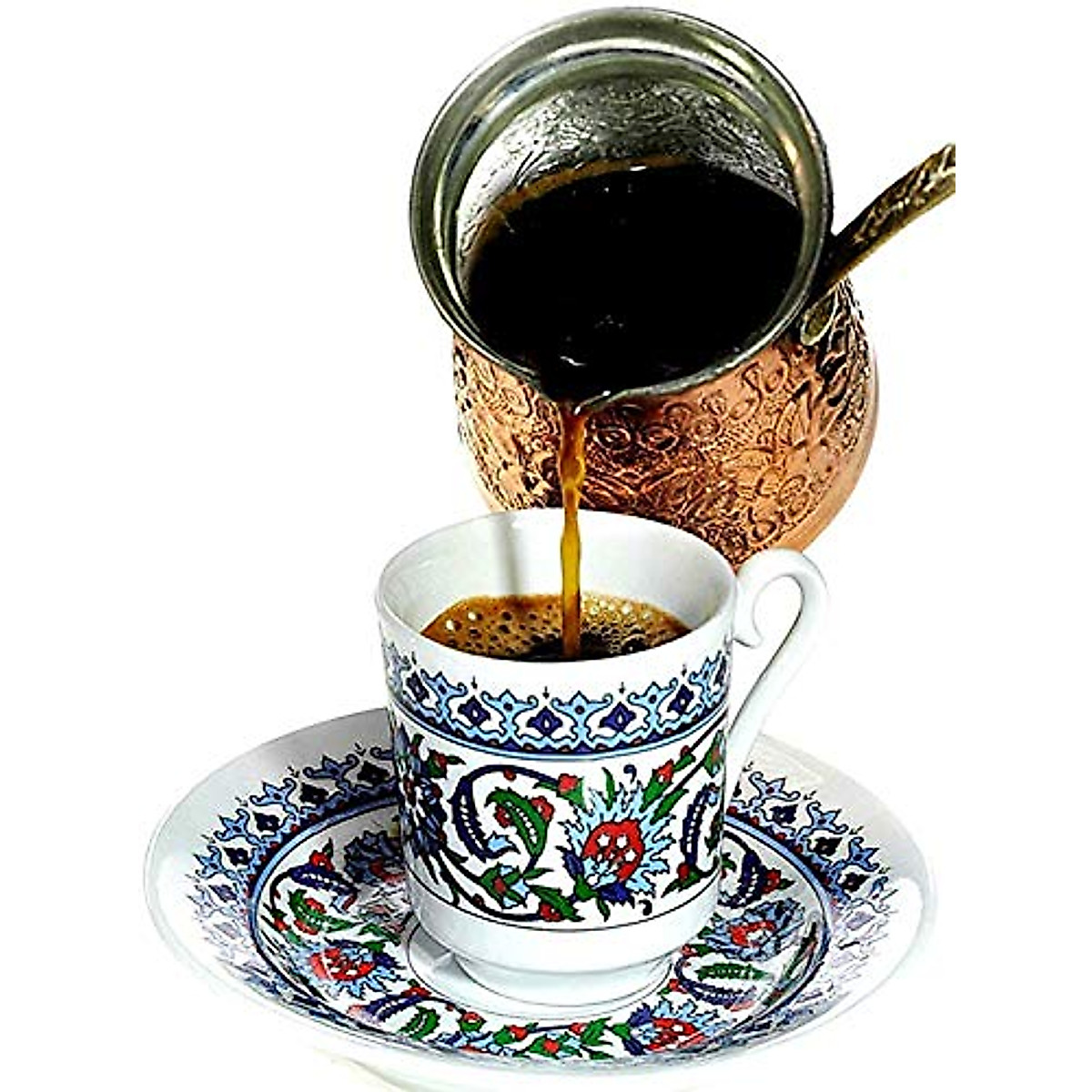 Amazing Turkish Arabic Coffee Espresso Cups 5 Pcs Fancy Set Famous Turkish Porcelain Cups with Saucers, Pot,Blue Velvet Authentic Box (Turkish Coffee Cup and Saucer (2 Sets) 4 Pieces)