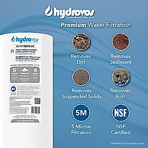 HYDROVOS 5 Micron 20" x 4.5" Whole House Water Filter, NSF Certified Sediment Filter for Home Water Filtration System, Large Capacity Universal Fit Replacement Cartridge, 6-Month Filter Life