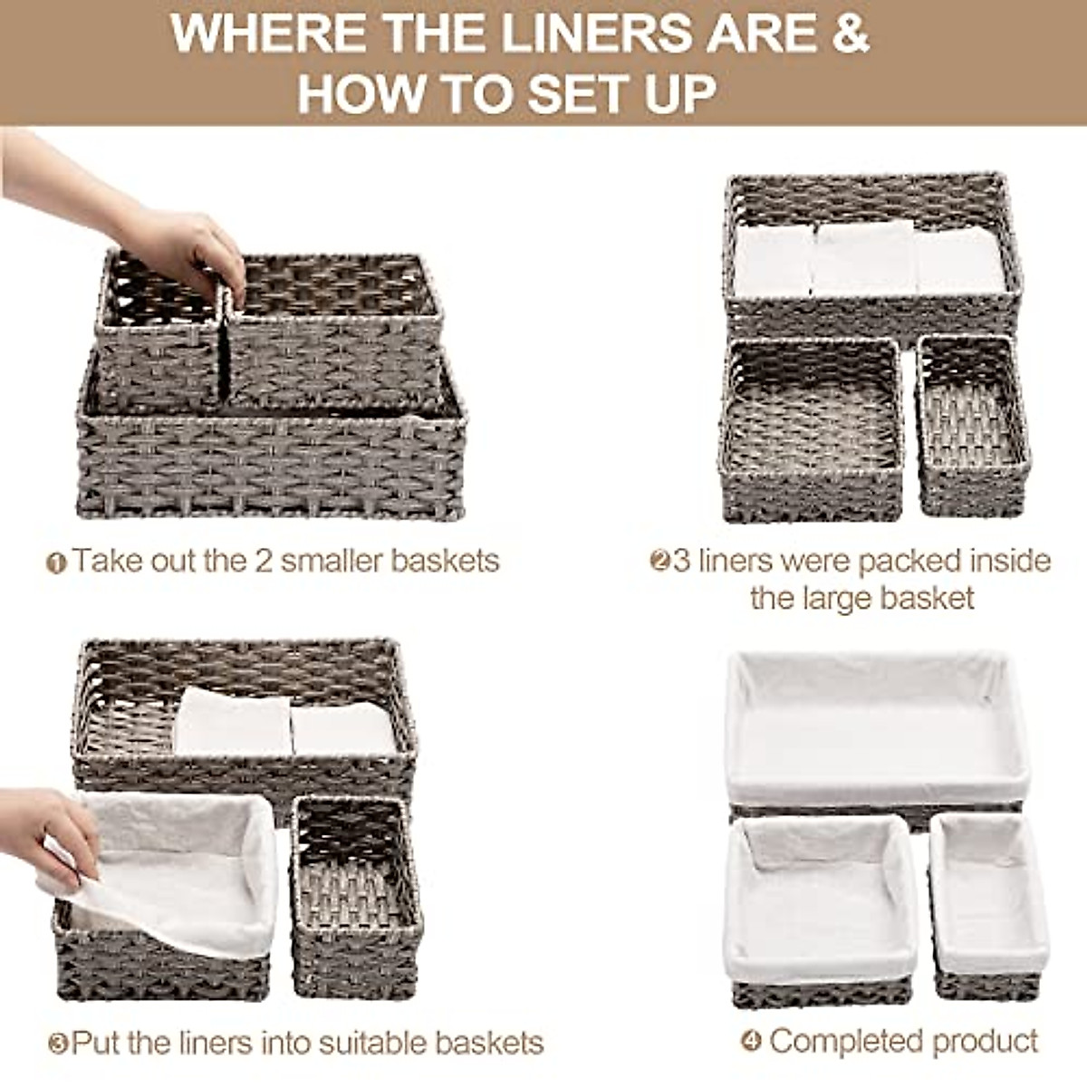 FairyHaus Wicker Baskets for Organizing 3 Pack, Waterproof Small Wicker Storage Basket for Shelves Rectangle, Nesting Lined Grey Wicker Basket