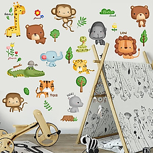 Africa Jungle Animal Wall Stickers, Tropical Forest Animal Wall Decals, Easy to Peel and Stick,DIY Art Wall Decoration,for Kids Baby Room Livingroom Bedroom Playroom Nursery Kindergarten Wall Decor