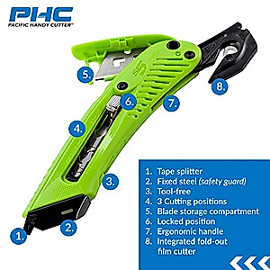 Pacific Handy Cutter S5R Safety Cutter, Right Handed Retractable Utility Knife & Ergonomic Film Cutter, Bladeless Tape Splitter, Steel Guard, Safety & Damage Protection, Warehouse & In-Store Cutting , green