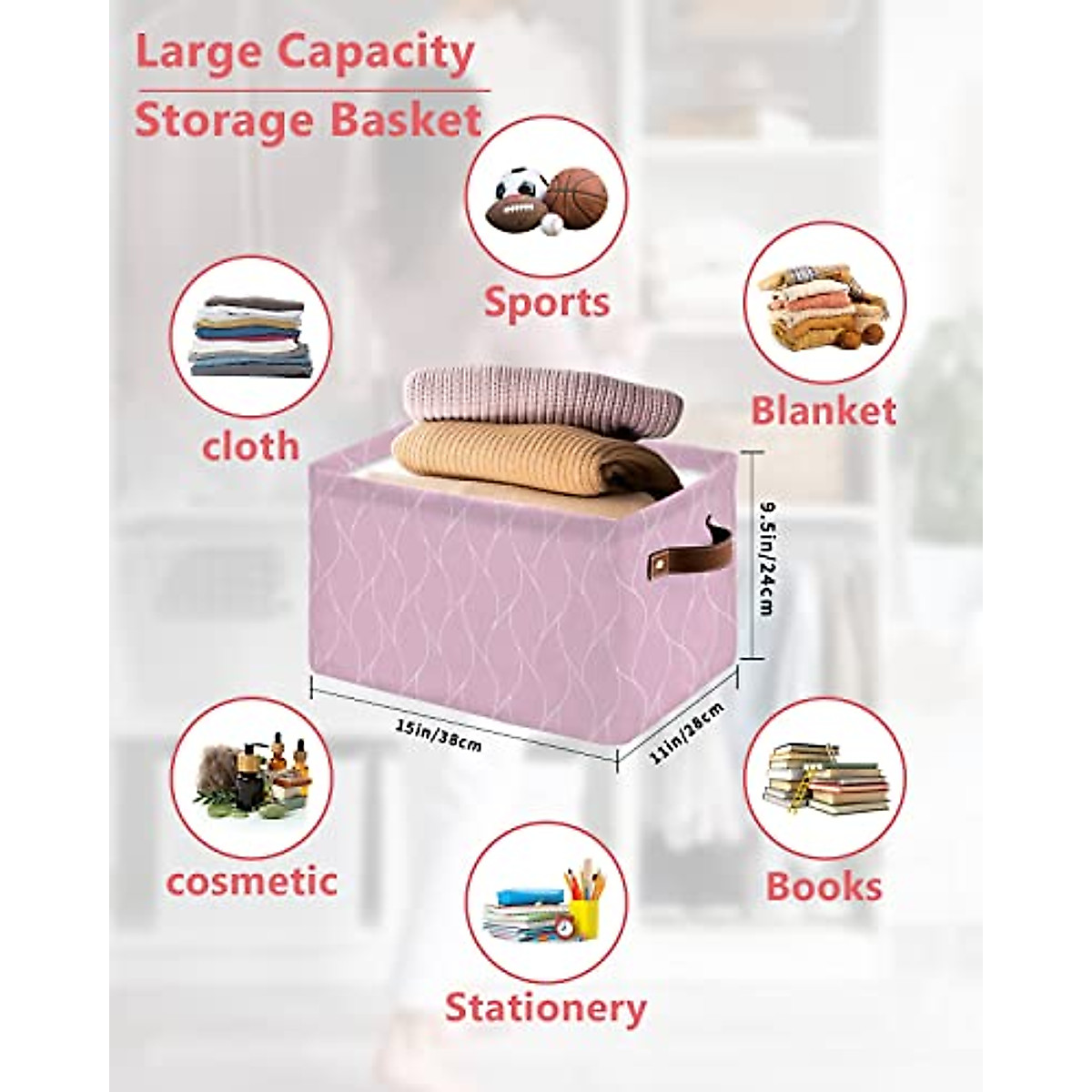 Pink Geometry Storage Bins 2 Pack, Large Waterproof Storage Baskets for Shelves Closet, Modern White Wave Abstract Aesthetics Storage Basket Foldable Storage Box Cube Storage Organizer with Handles