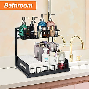 Haturi Under Sink Organizer, 2 Tier Sliding Shelves & Height Adjustable Under Cabinet Storage, Metal Pull Out Shelf and Non-Slip Feet Under Cabinet Sink Organizers and Storage for Kitchen Bathroom
