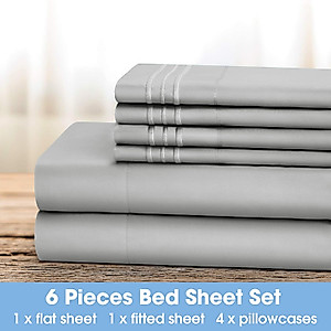 BYSURE 6 Pieces Hotel Bed Sheets Set(Queen, Light Grey), 15" Microfiber Sheet Set with Embroidered Pillowcases, Super Soft Deep Pocket Bedding