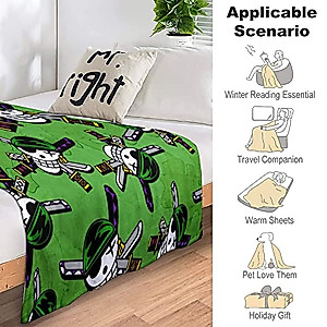 One Piece Zoro Anime Flannel Throw Blanket Pirate Flag Japanese Anime Blanket 60in x 50in Soft Fade Resistant Bedding Blanket for Sofa Couch Bed Office Green Blanket