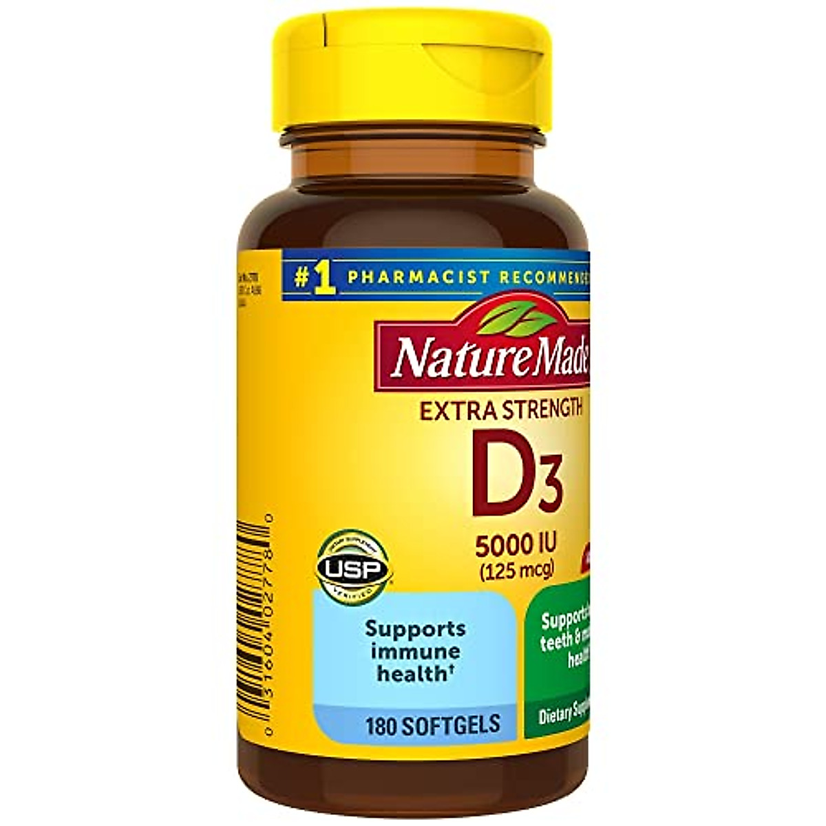 Nature Made Extra Strength Vitamin D3 5000 IU (125 mcg), Dietary Supplement for Bone, Teeth, Muscle and Immune Health Support, 180 Softgels, 180 Day Supply