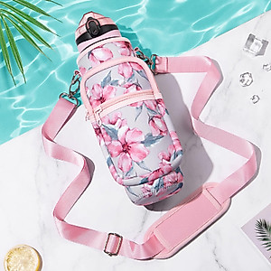 Fimibuke 32 oz Water Bottle with Sleeve - BPA Free Leakproof Sport Large 1L Plastic Motivational Water Bottle with Straw Strap Insulated Neoprene Holder Carrier Bag for Women Men (A4.Peach Blossom)