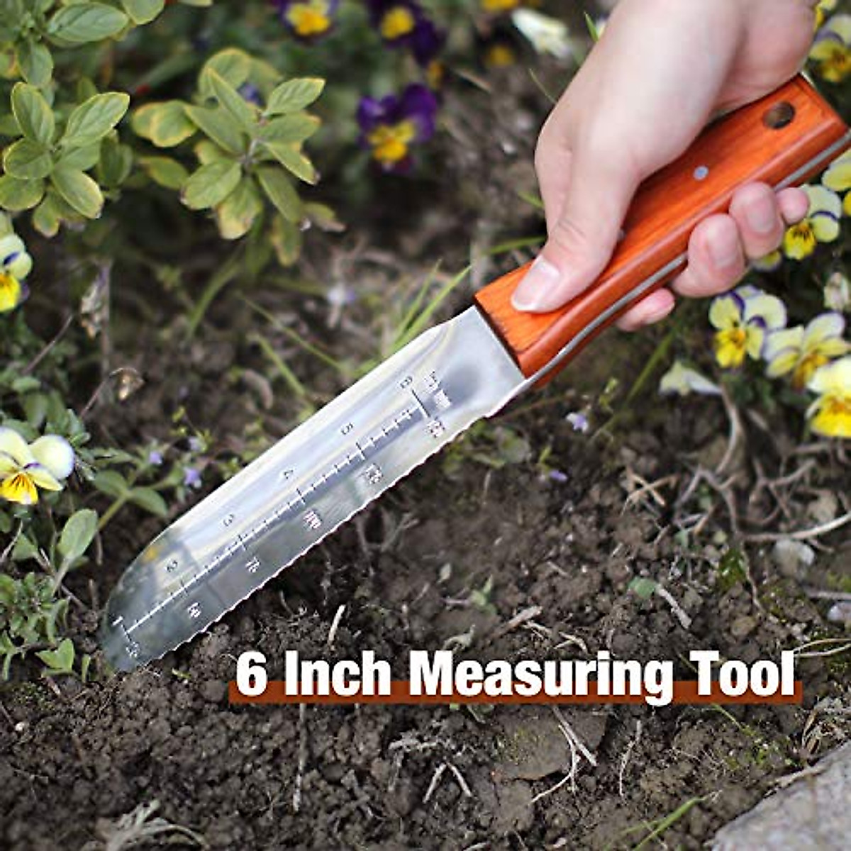 HAUSHOF Hori Hori Garden Knife 7”Stainless Steel Serrated Blade with Cutting Edge, Gardening Tool with Leather Sheath for Weeding, Planting, Digging, Wood Handle with Hanging Hole