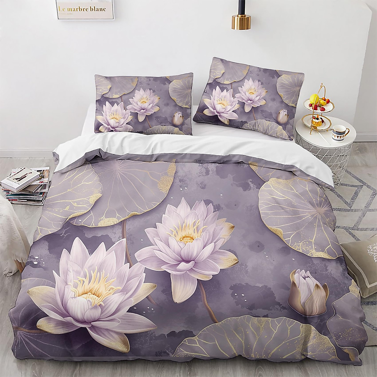 AopGlyvyr Lotus Flower Duvet Cover Twin Size, Floral Comforter Cover, Botanical Bedding Set, Breathable Duvet Cover with Zipper Closure, 3 Pieces with 1 Duvet Cover and 2 Pillowcase
