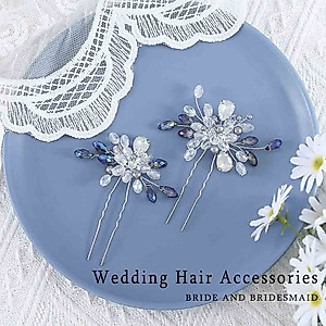 YBSHIN Bride Wedding Blue Hair Pins Silver Crystal Hair Clips Rhinestone Bridal Headpieces Beaded Hair Accessories for Women and Girls (Pack of 2)