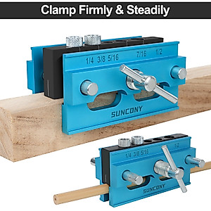 SUNCONY Doweling Jig Self Centering Kit,Biscuit Joiner Woodworking Dowel Jig Tool for Straight Holes, Drilling Jig With 6 Bushings, Ajustable Width Drilling Guide Power Tool Accessory Jigs (Blue)