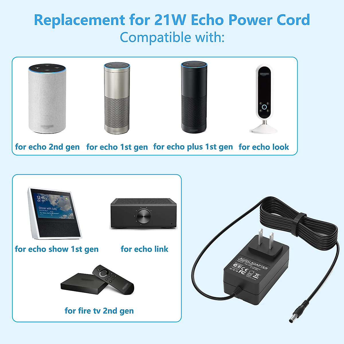 21W Replacement for Echo Alexa Charger Compatible with Echo1st & 2nd Gen, Fire TV (2nd Gen), Show (1st Gen), Plus (1st Gen), Look, Link Power Adapter【5FT】
