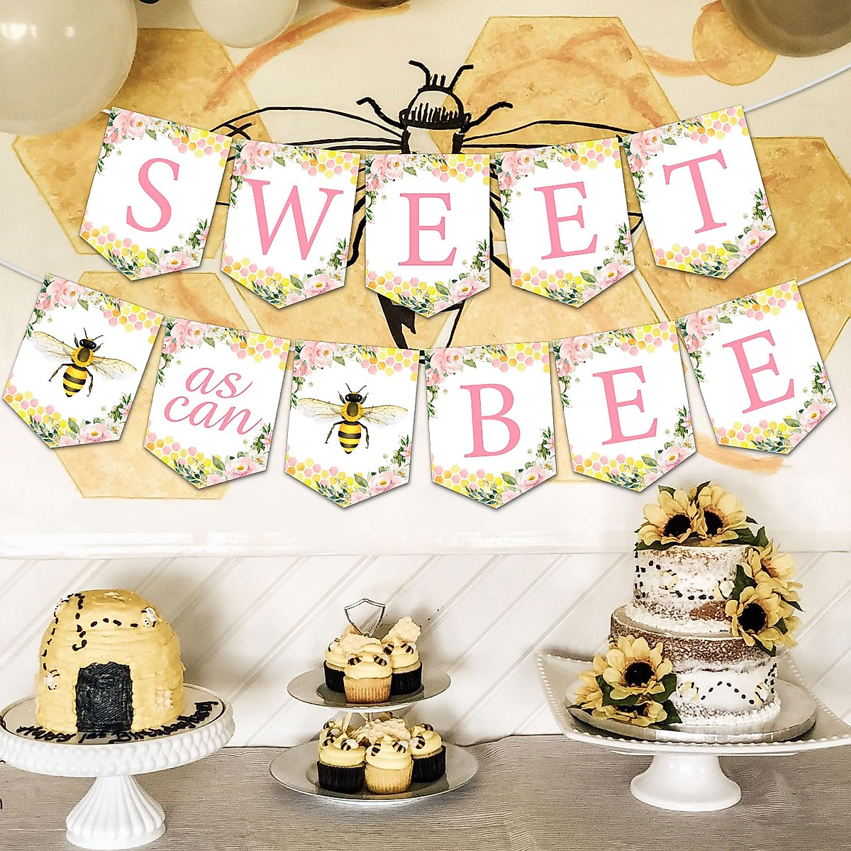 Sweet As Can Bee Banner Pink Bee Baby Shower Decorations for Girl Pre-Strung Honey Bee Banner for Bumble Bee Baby Shower Bridal Shower Sweet As Can Bee Birthday Party Decorations