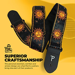 Perris Leather Guitar Strap - Sunshine Motif Jacquard Ribbon Guitar Strap, with Leather Ends - Electric/Acoustic/Bass Guitar Strap - Adjustable Strap From 39″ to 58″ - Black