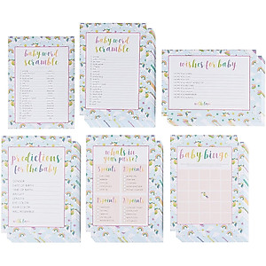Juvale Baby Shower Game Card Packs - 5-Set Assorted Party Activity Supplies for 50 Guests, Including Bingo, Word Scramble, and Well Wishes, Unicorn and Clouds Design, 50 Sheets, 5 x 7 Inches