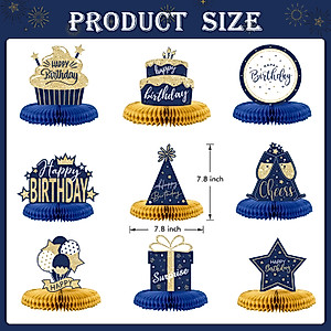 DECORLIFE 9PCS Blue Gold Birthday Table Decorations, Happy Birthday Honeycomb Centerpieces for Kids Men and Women Birthday Party Supplies