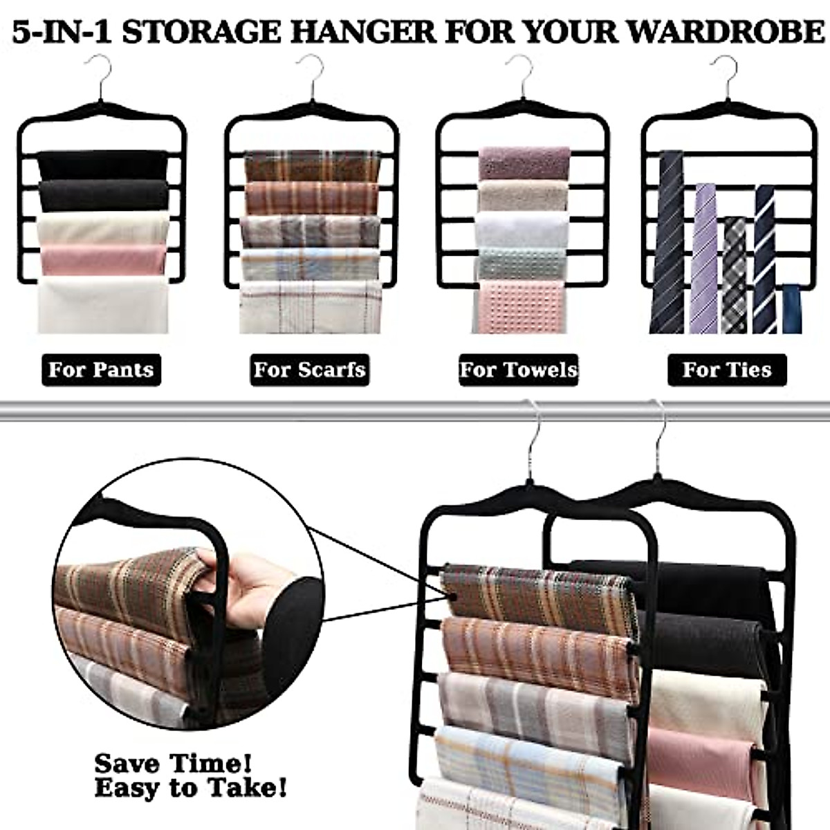 Closet Organizers and Storage,3 Pack Velvet Pants-Hangers-Space-Saving,Non Silp 5 Tier Scarf Jeans Closet Organizer,Dorm Room Essentials for College Students Girls Boys Guys,Organization and Storage
