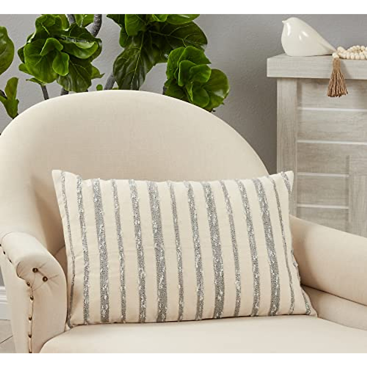 SARO LIFESTYLE Thin Striped Throw Pillow with Down Filling, Black/White, 16"x24"