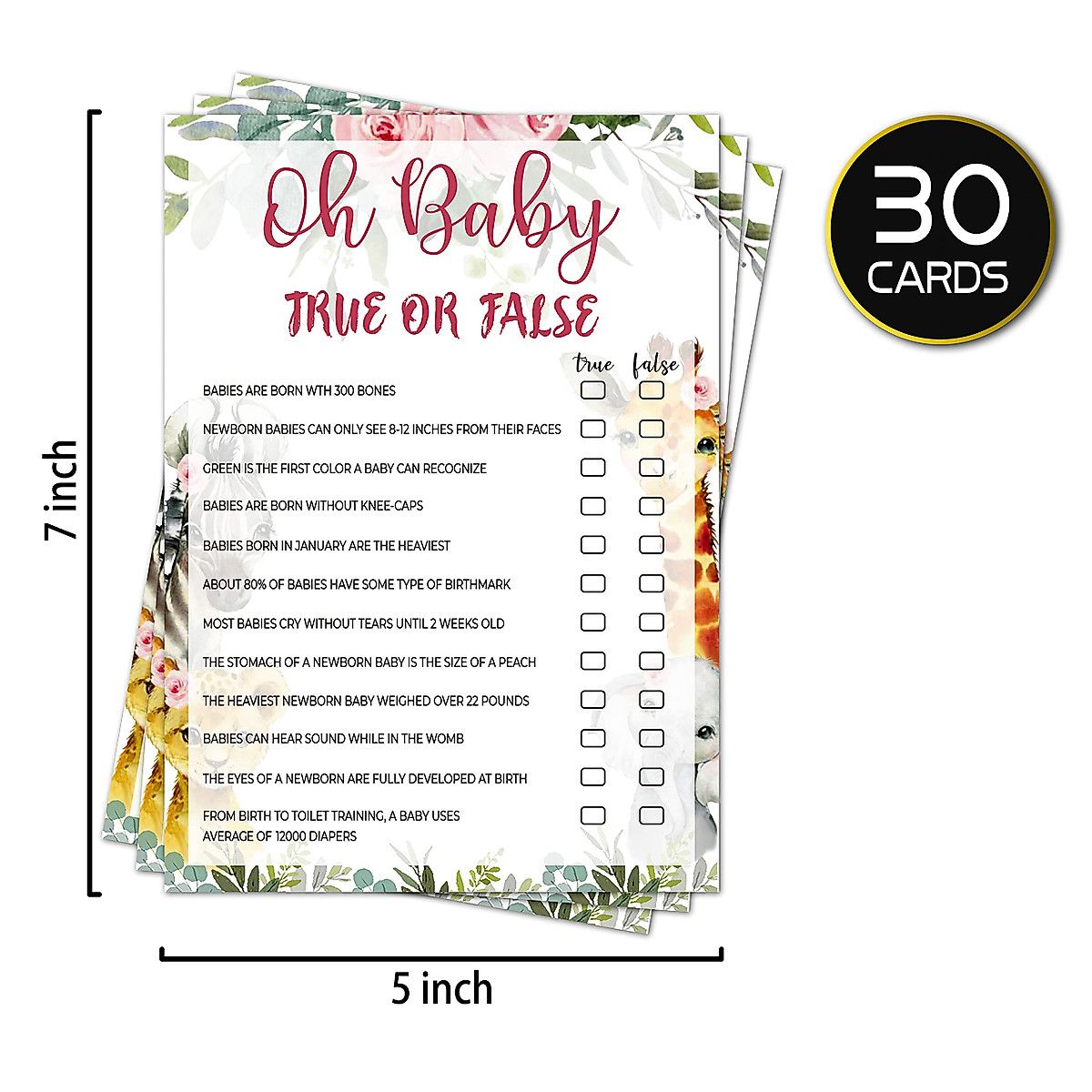 Yuansail True Or False Baby Shower Game, Gender Reveal Party Supplies, Jungle Animals Safari Floral Green Party Decorations,– 30 Game Cards 1 Answer Card. (bb002-yx03)
