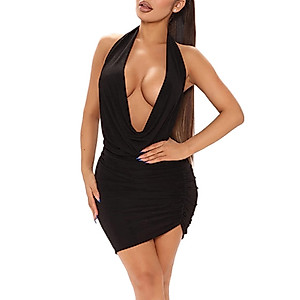 LovelyWholesale Women's Sexy V Neck Halter Bodycon Mini Dress Sleeveless Party Dresses Black Large