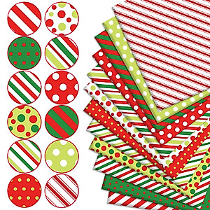 Whaline 12Pcs Christmas Cotton Fabric Bundles Red Green Stripe Dot Printed Fat Quarters Xmas Sewing Fabrics for DIY Handmade Crafting, 18 x 22 Inch