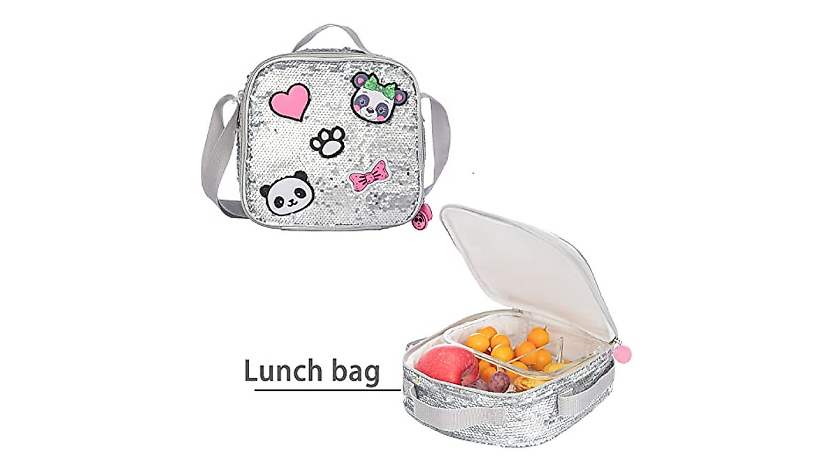 JSMNIAI Girls Sequin Panda Backpack with Lunch Box