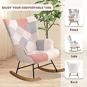 KGOPK Rocking Chair Upholstered Rocking Chairs for Living Room,High Back Arm Chair Comfy Side Chair with Wooden Base Nursery Glider Rocker for Bedroom,Office (Patchwork Pink)