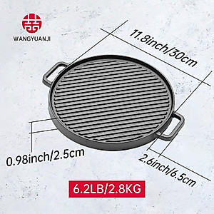 WANGYUANJI Cast Iron Grill Pan,11.8inch Round Cast Iron Skillets with Dual Handles for Barbecue,Suitable for All Stoves with Spatula and Brush