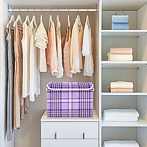 Kigai Storage Basket Purple Square Plaid Storage Boxes with Lids and Handle, Large Storage Cube Bin Collapsible for Shelves Closet Bedroom Living Room, 16.5x12.6x11.8 In