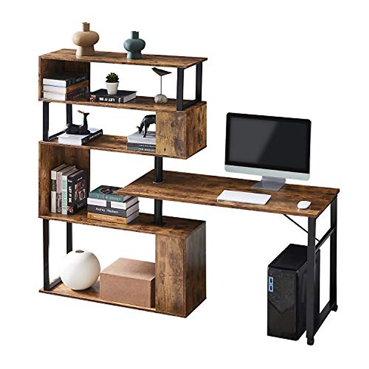 Merax, Brown L Shaped Corner Desk with Shelves and Storage, Rotating, 5-Tier Bookcase, Multi-Functional Office Workstation