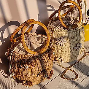 NIBD Flower Pearls Rattan Tote Bag Summer Beach Drawstring Straw Bucket Bag Diamonds Woven Handbag (A Flower)