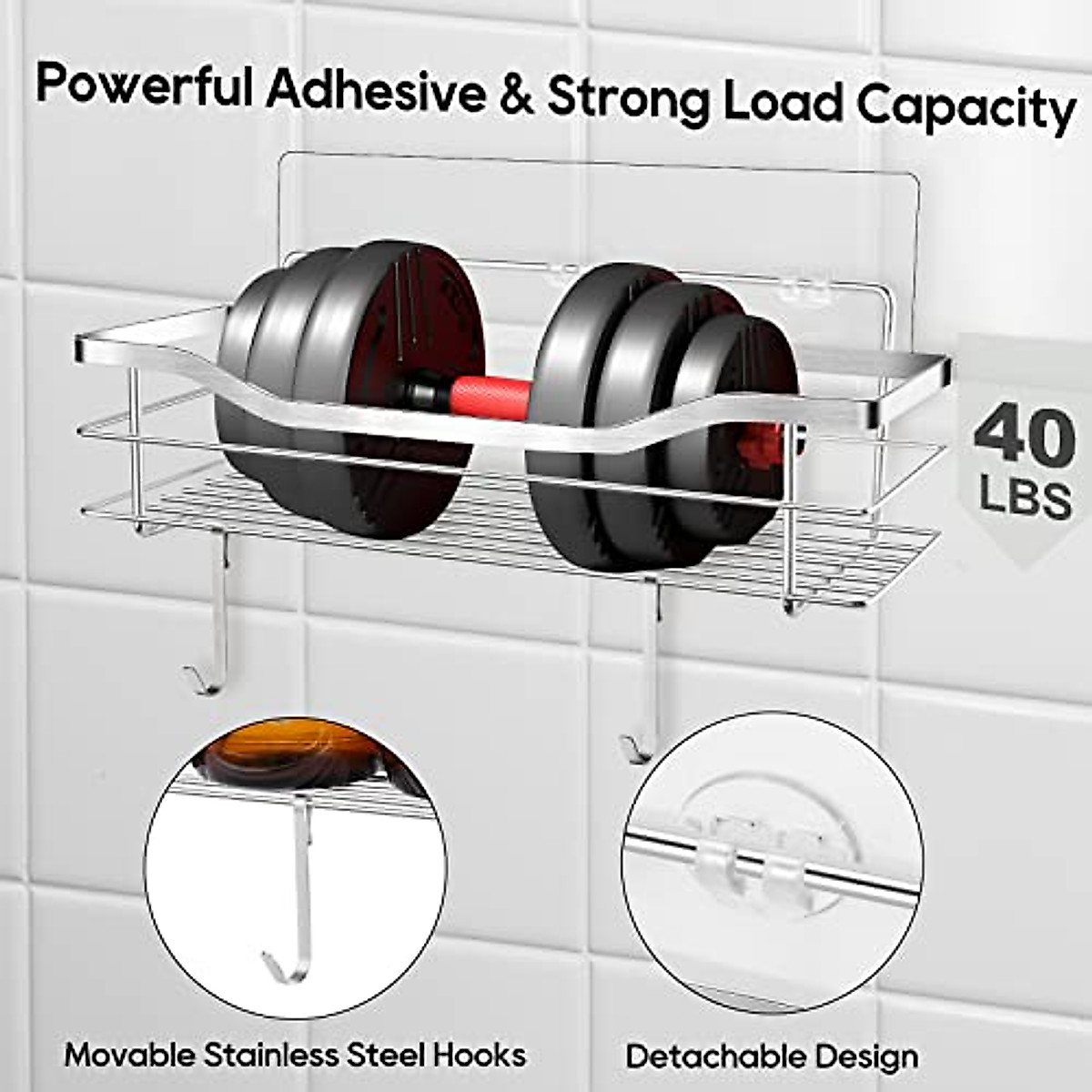 Shower Caddy Basket Rack with Hooks, Bathroom Shower Organizer Shelf, Adhesive Wall Mounted Rustproof Storage for Bathroom, Toilet, Kitchen, Dorm, No Drilling, 304 Stainless Steel, 2 Pack (Silver)