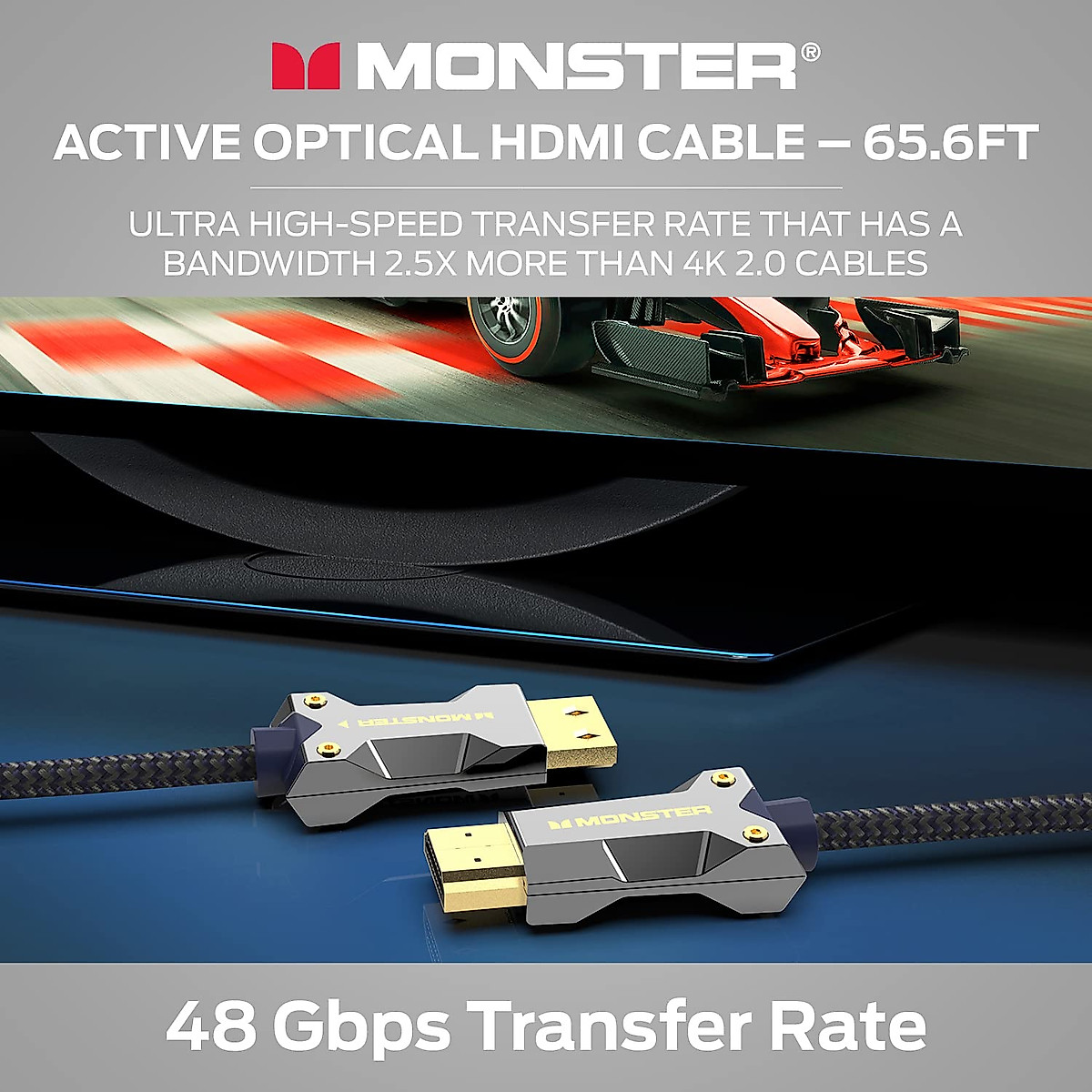 Monster M-Series Active Optical Lightwave Cable Certified Premium HDMI 2.1-48 Gbps Cable with Aluminum Extrusion Connector, V-Grip, Duraflex Protective Jacket - Supports 8K @ 60HZ, 4K @ 120HZ, 65.6 FT