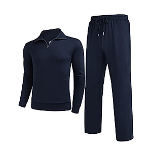 COOFANDY Men 2 Piece Workout Sweat Suit Casual Long Sleeve Gym Active Tracksuit Navy Blue