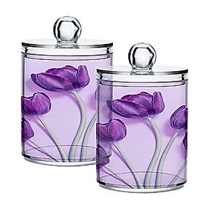 Kigai 2PCS Purple Tulips Qtip Holder Dispenser with Lids - 14 oz Bathroom Storage Organizer Set, Clear Apothecary Jars Food Storage Containers, for Tea, Coffee, Cotton Ball, Floss