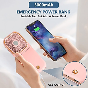 Allxin Portable Neck Fan Mini Quiet Handheld Personal Foldable USB Rechargeable Fan Operated for Home Office Outdoor Travel, 3000mAh Power Bank Hands Free Necklace Fans (Update Pink)