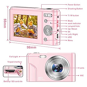 Digital Camera for Teens Kids, 1080P 48MP Kids Camera with 32GB SD Card, 2.4 Inch LCD Screen Kids Digital Camera with 16X Digital Zoom, Compact Kid Camera for Kids Girls Boys Adults Beginners (Pink)
