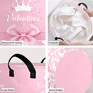 Personalized Laundry Basket Hamper,Princess Bow Pink,Collapsible Storage Baskets with Handles for Kids Room,Clothes, Nursery Decor