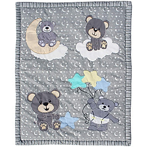 BabyFad Teddy Bear Grey with Stars, Moon and Cloud 100% Cotton Nursery for Baby Boys and Girls, Musical Mobile 9 Piece Crib Bedding Set