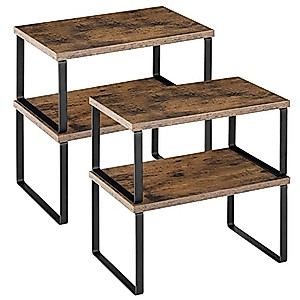 ETELI Kitchen Counter Cabinet Shelf Organizer Expandable Set of 4 Shelf Risers Small Counter Top Racks for Kitchen Cupboard Pantry,Brown