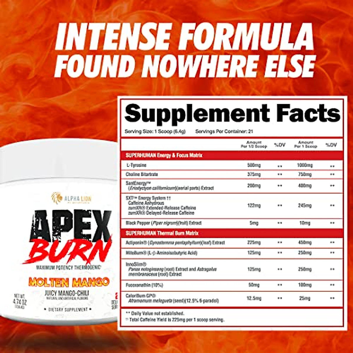 Alpha Lion Apex Burn Weight Loss Supplement, Workout Powder, Natural Thermogenic Calorie Burner, Fat Loss Support, Energy & Focus, Optimize Body Composition (21 Servings, Juicy Mango-Chili Flavor)