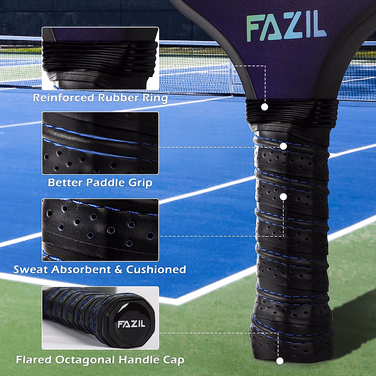 Fazil Pickleball Paddles Set of 4, Graphite Surface Polypropylene Honeycomb Core Pickle ball Raquette Set with Cushion Grip, Pickleball Rackets 6 Pickleball Balls Portable Racquet Bag for Men Women