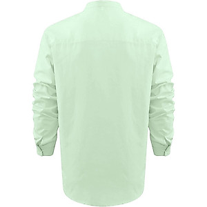 Men Linen Button Up Dress Shirt Long Sleeve Casual Cotton Beach T Shirts Stand Collar Solid Color Summer Yoga Tops (Light Green,X-Large)