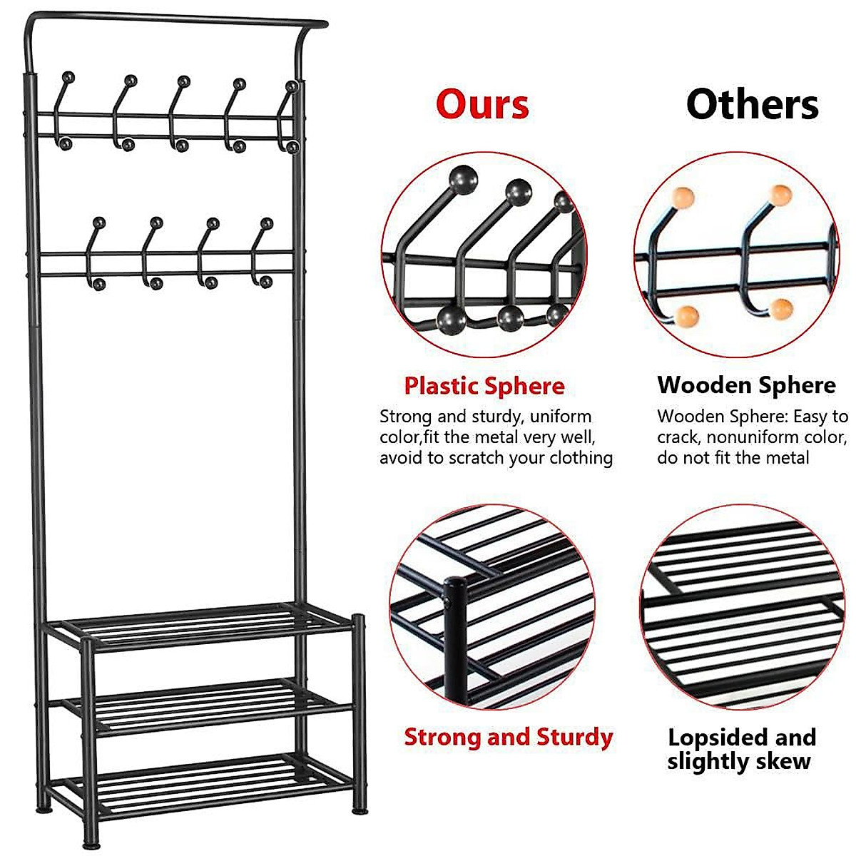 Yaheetech Metal Coat Rack Shoe Bench, 3-in-1 Hall Tree, Entryway Shoe Bench with Coat Hat Umbrella Rack 18 Hooks, Black